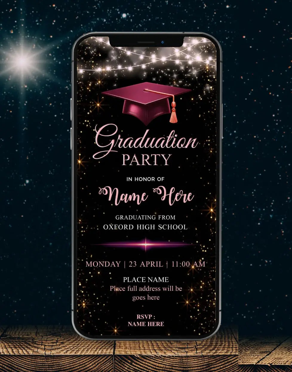 2024 Graduation Party Invitation | Sparkling Black & Pink Theme E-Invi ...