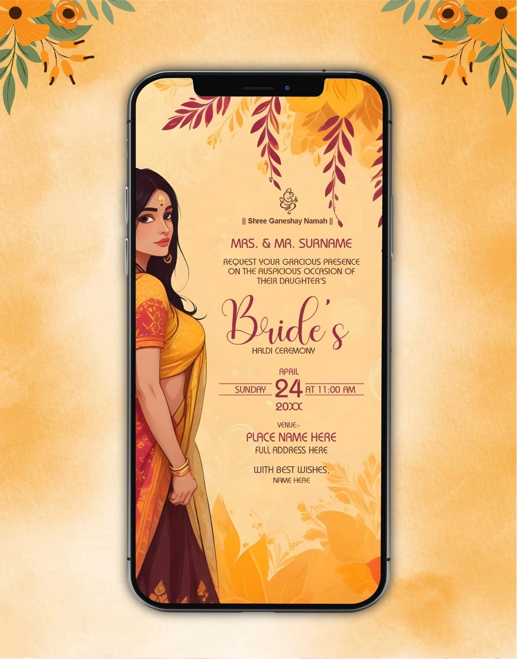 AI Haldi Invitation Card | Traditional Yellow Floral Bride Illustratio ...