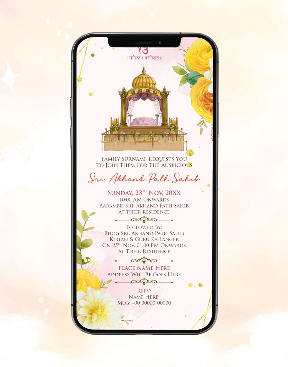 Akhand Path Sahib Invitation | Floral Yellow Sacred Palki Digital Sikh ...
