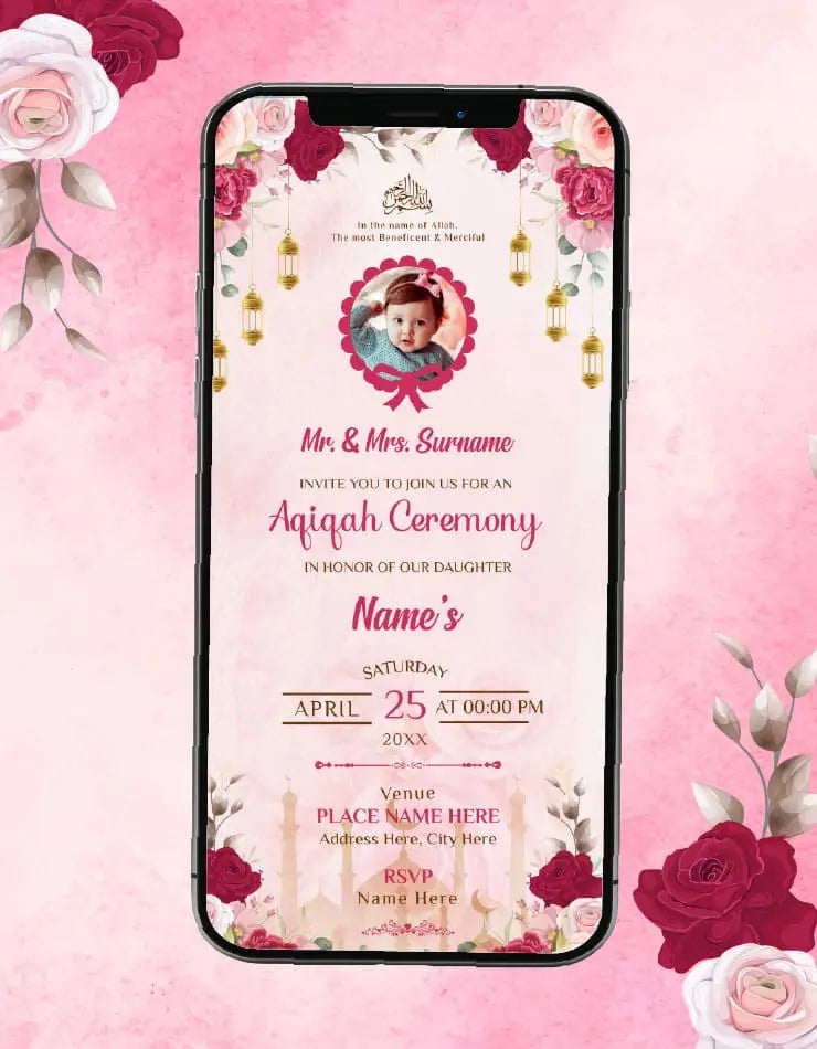 Aqiqah Ceremony Invitation Card | Floral Muslim Baby Girl E-Invite Des ...