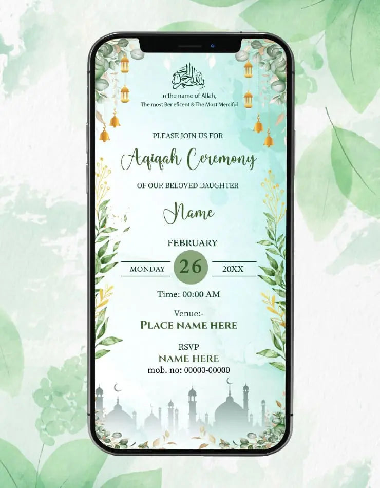 Aqiqah Invitation Card | Elegant Islamic Green Baby Girl E-Invite | IM ...