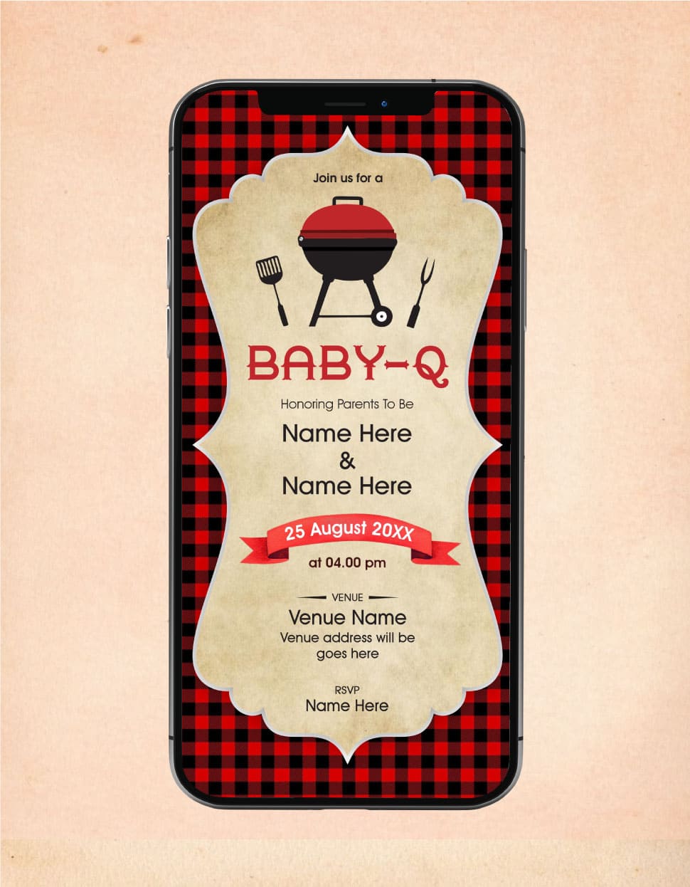 BabyQ Baby Shower Invitations | Red Buffalo Plaid BBQ Theme | IM-2237 ...