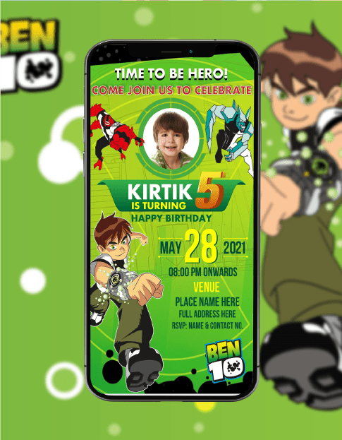 Ben 10 Birthday Invitation Card | Action-Packed Green Cartoon E-Invite ...