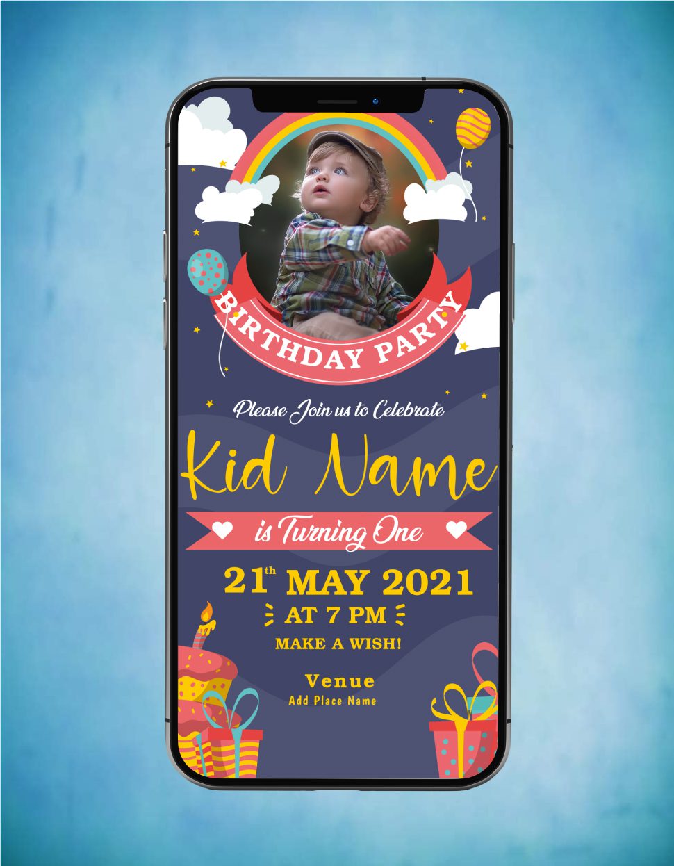 Birthday Invitation Card With Name And Photo | Rainbow Theme 1st Birth ...