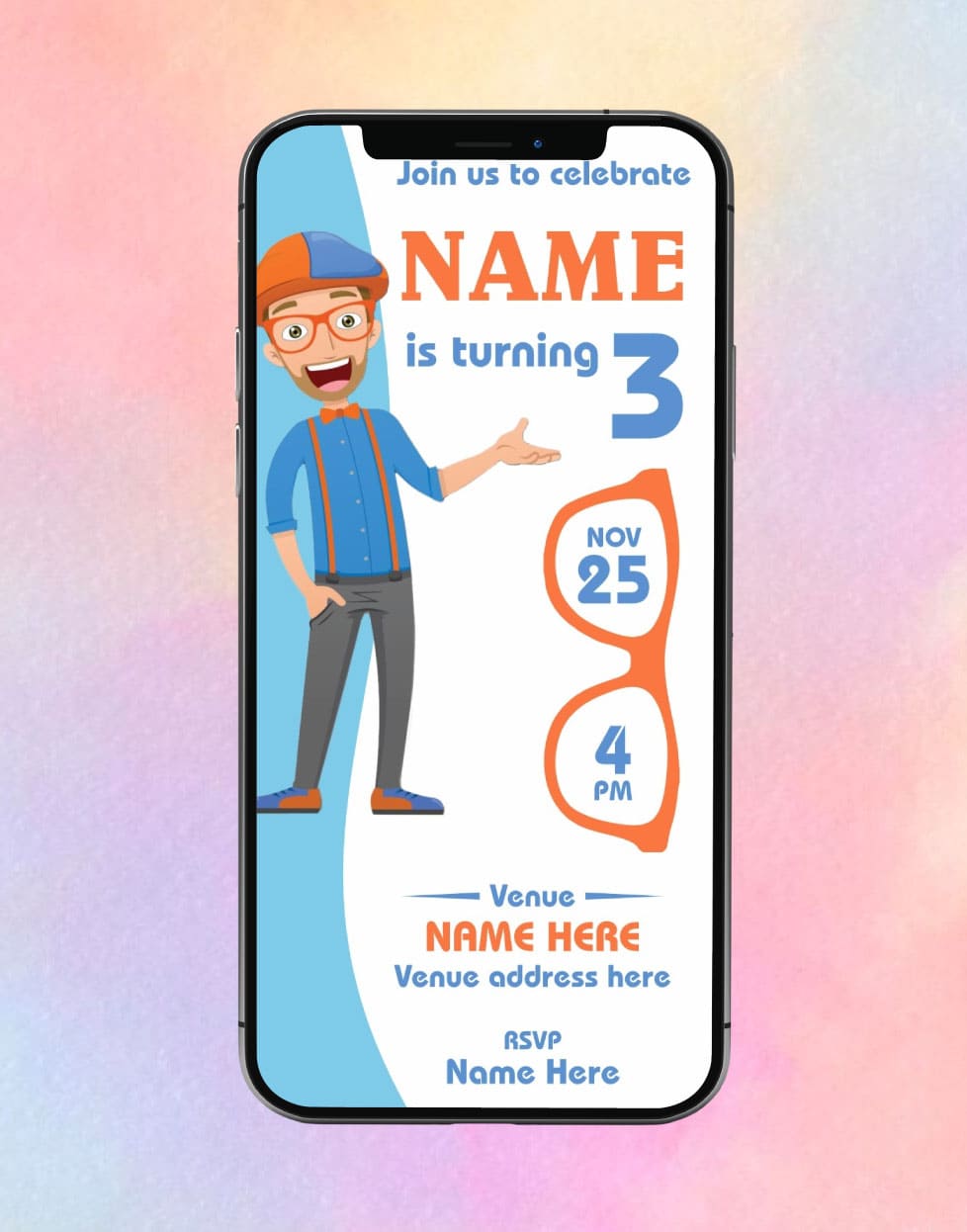 Blippi Birthday Invitation Card | Cartoon 3rd Birthday E-Invite | IM-2 ...