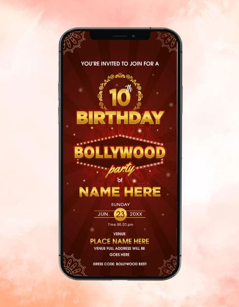 Bollywood Party Birthday Invitation | Glamorous 10th Birthday E-Invite ...
