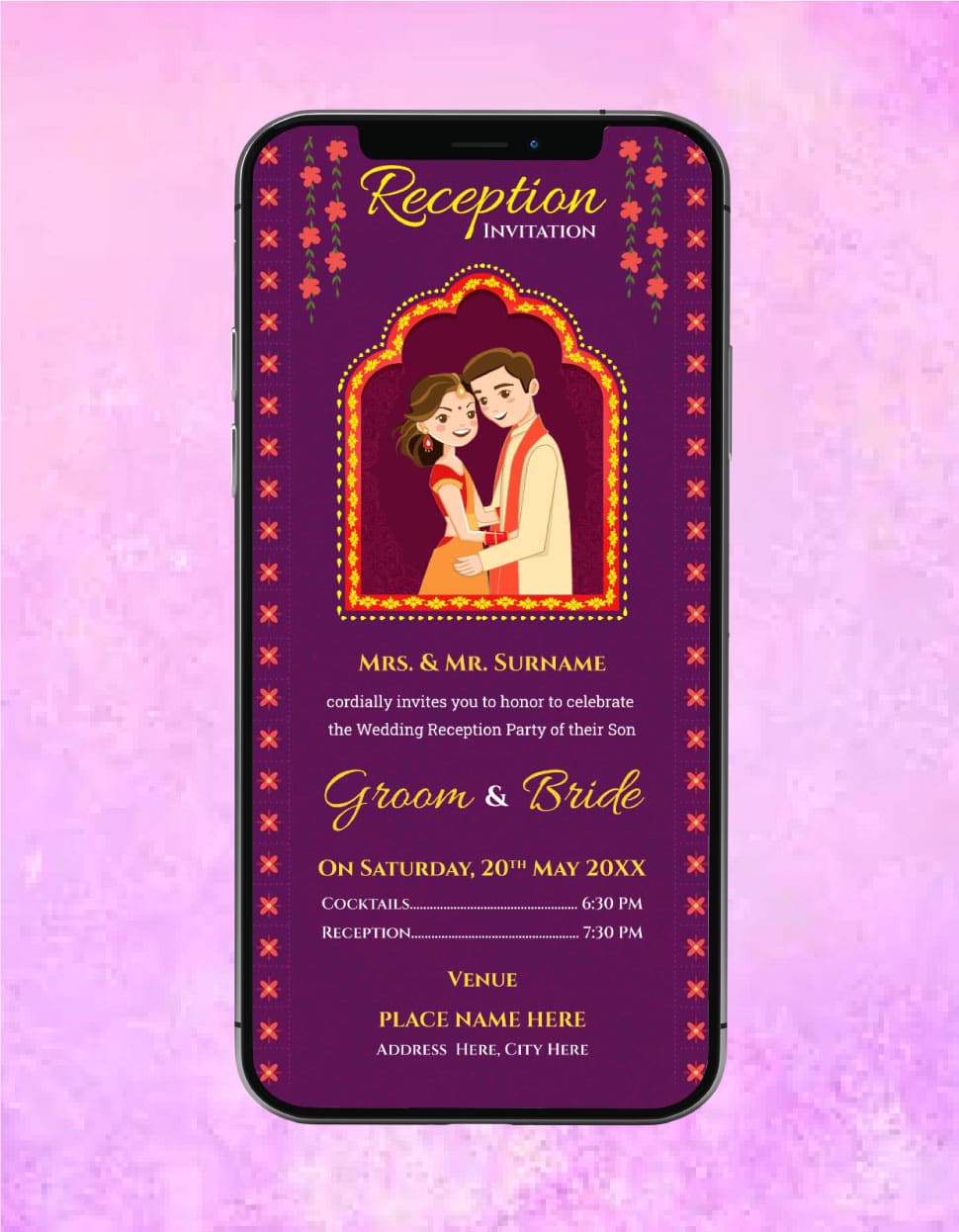 Cartoon Reception Invitation Card | Royal Purple Couple Party E-Invite ...