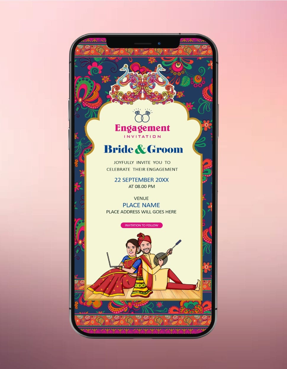Engagement Caricature Invitation | Colorful Traditional Couple Cartoon ...