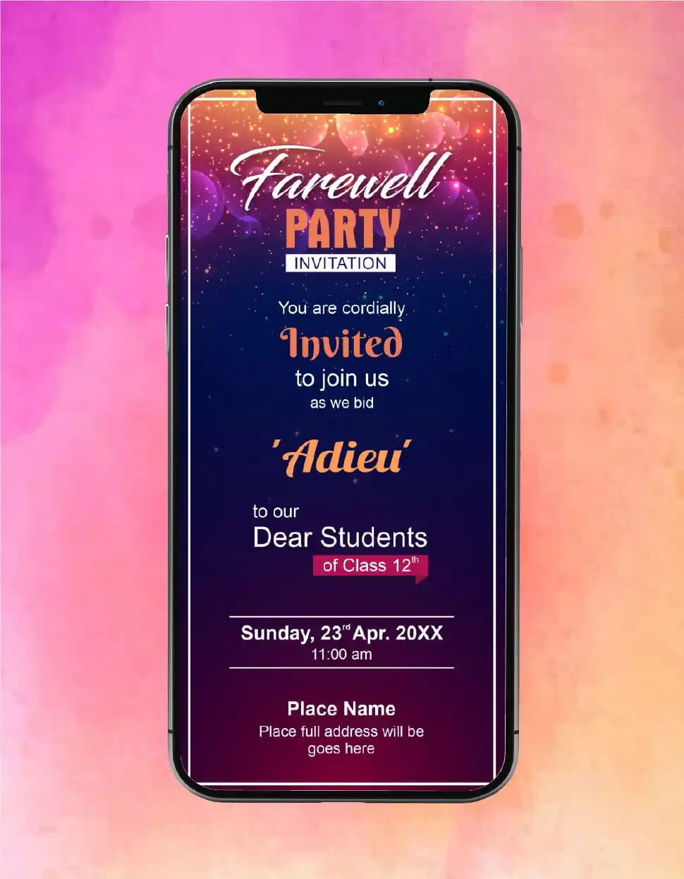 Farewell Party Invitation | Sparkling Adieu Theme for Class 12 Student ...