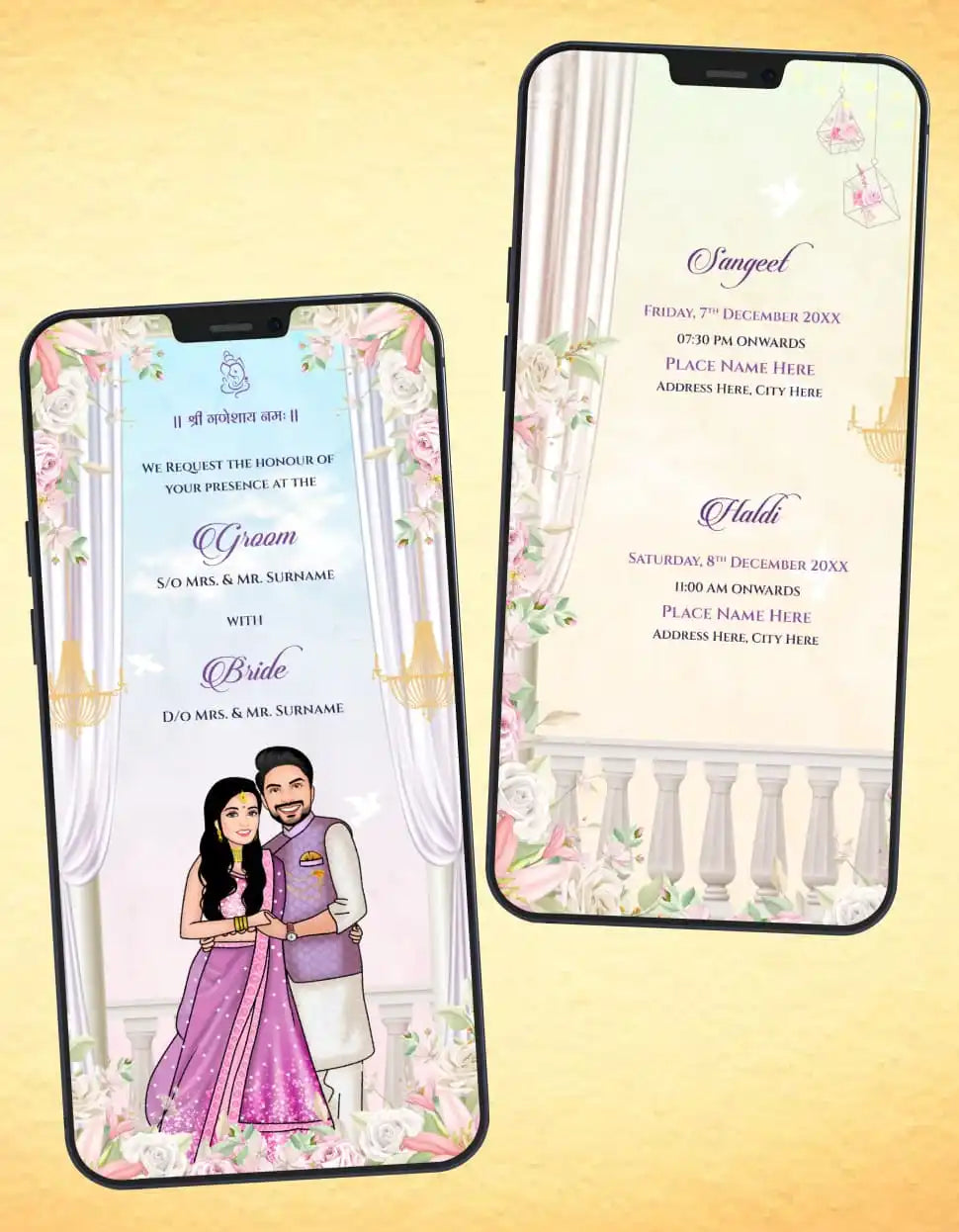 Floral Caricature Wedding Invitation | Multi-Event E-Invite with Coupl ...
