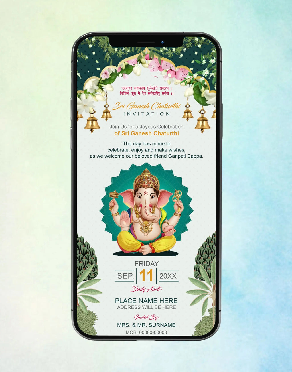 Ganesh Festival Invitation Card | Floral Green Bells Theme E-Invite ...
