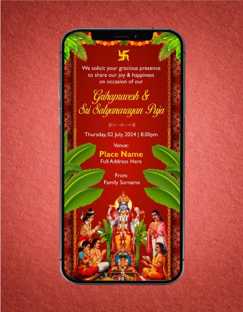 Grihapravesh and Satyanarayan Pooja Invitation | Divine Red Banana Lea ...