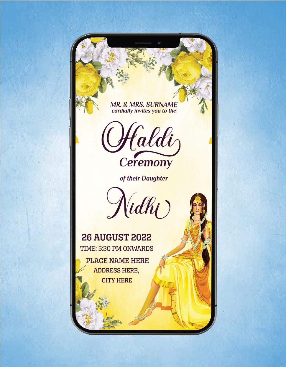 Haldi Digital Invitation | Elegant Bride Floral Theme | W-121 – InviteMart