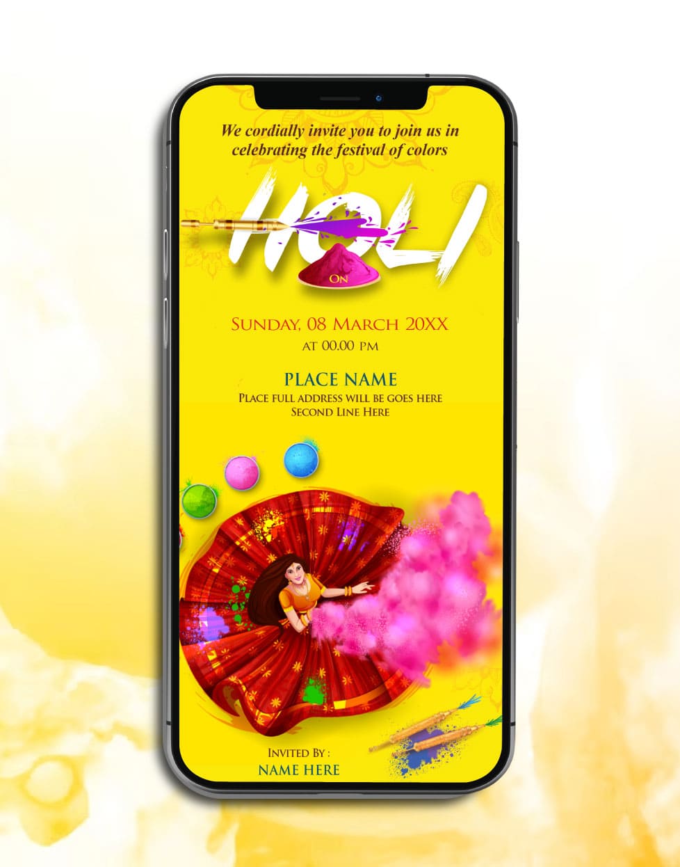 Holi Party Invitation Card Online | Elegant Dance & Color Burst Theme ...