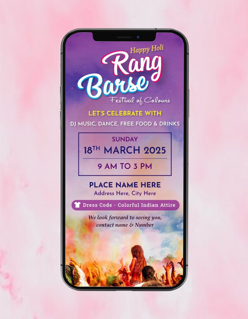 Holi Party Invite Card | Rang Barse Theme Festival Celebration E-Card ...