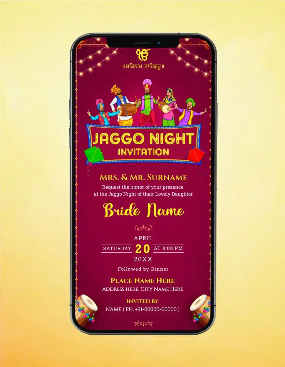 Jaggo Night Invitation Card | Punjabi Dance Theme with Dhol and Lights ...