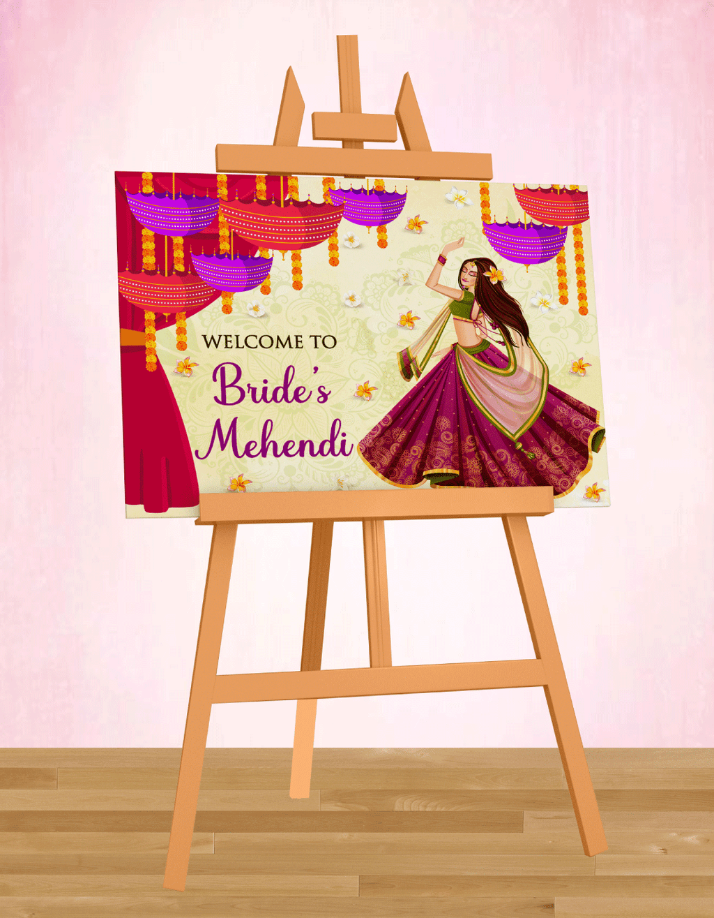 Mehendi Signage Board Design | Bride Dancing Welcome Board with Marigo ...