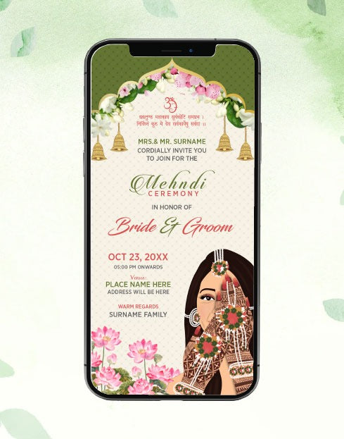 Mehendi Invitations Card | Traditional Floral Bride Illustration Mehen ...