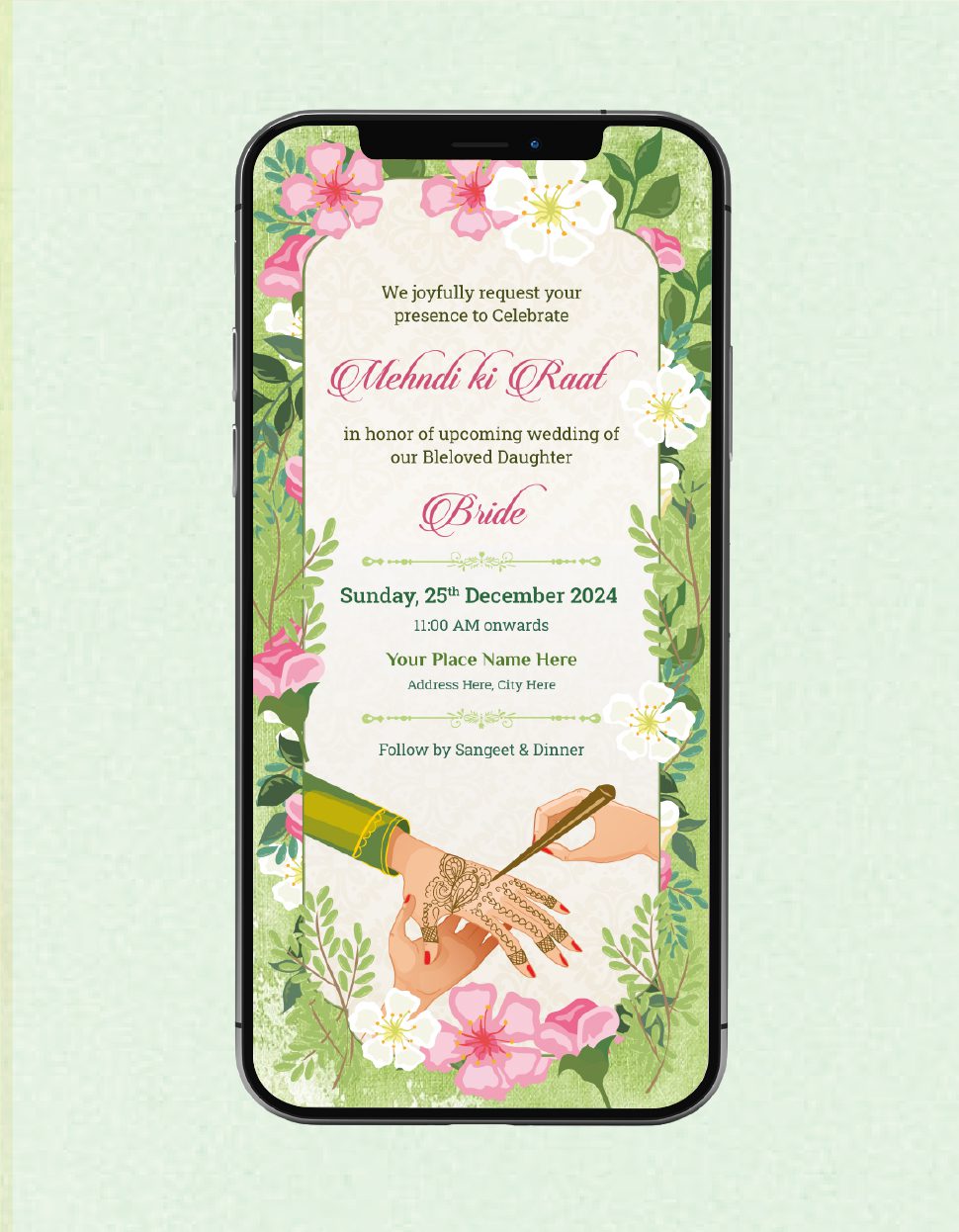Mehndi Digital Invitation | Elegant Floral Bride Theme | W-305 – InviteMart