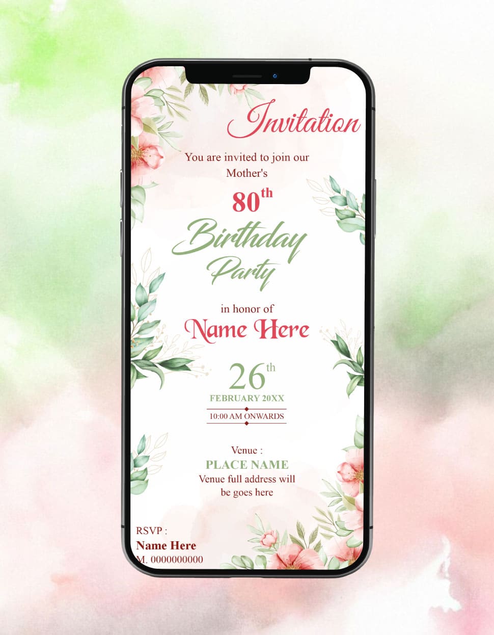 Mother Birthday Invitations | Elegant Floral 80th Birthday E-Invite ...