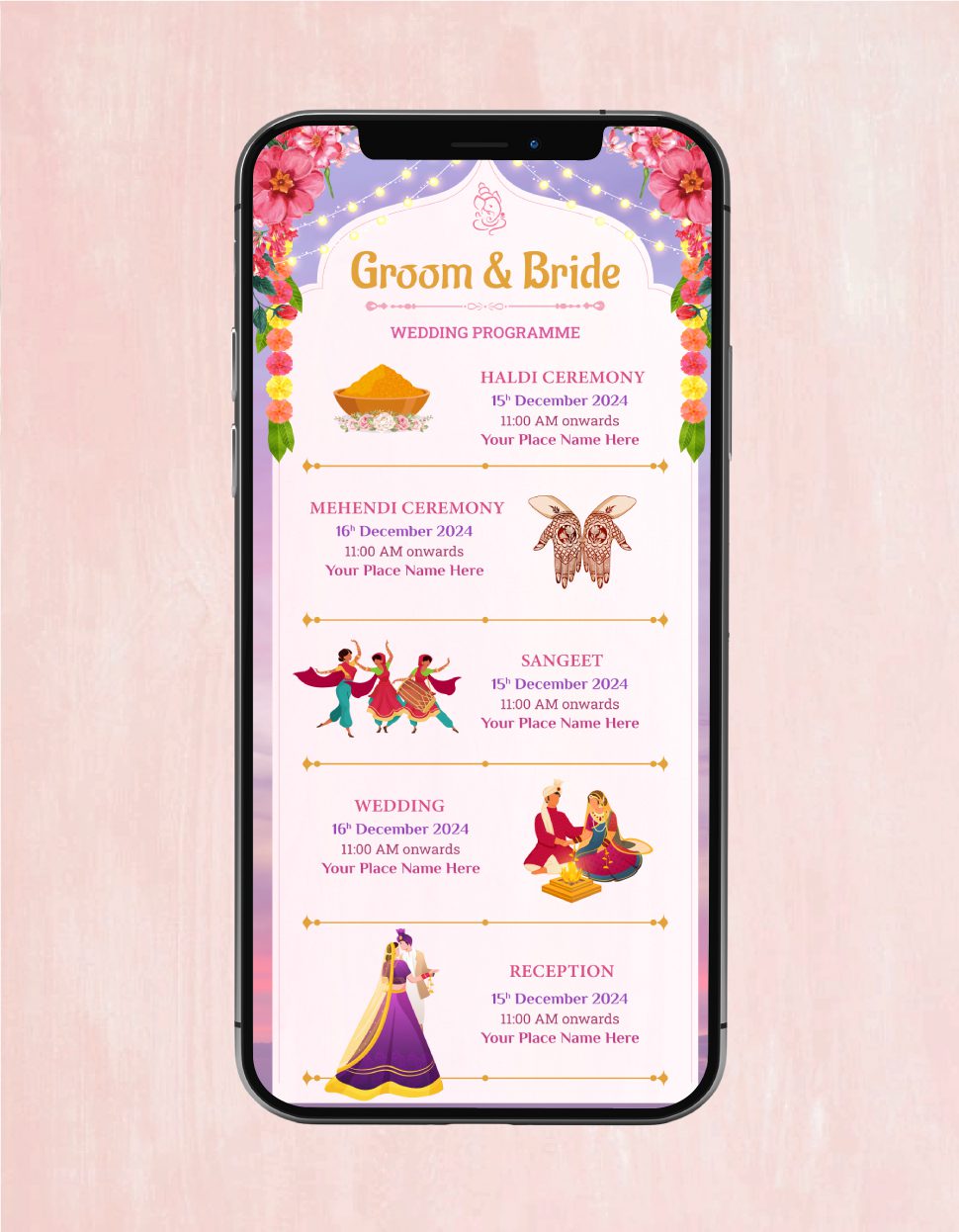 Multiple Events Wedding Invitation | Illustrated Wedding Programme Car ...
