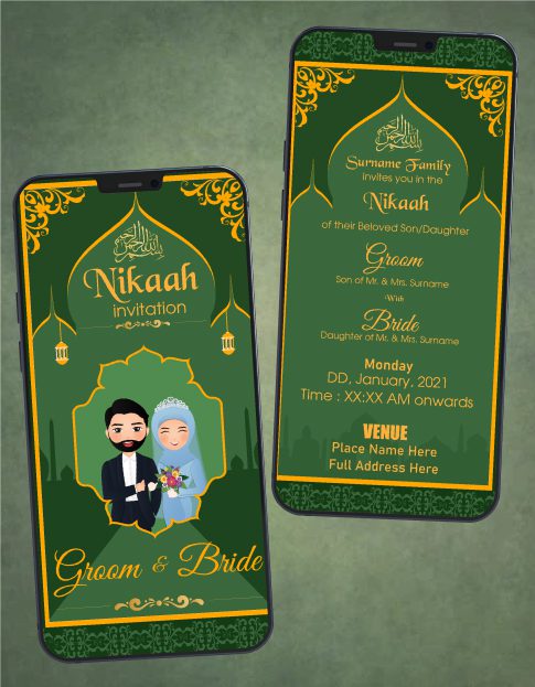 Nikaah Ceremony Invitation Card | Muslim Wedding Cartoon Couple Theme ...