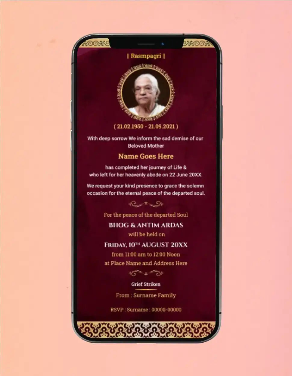 Rasam Pagri Card Template | Bhog & Antim Ardas Digital Invite | BH-05 ...