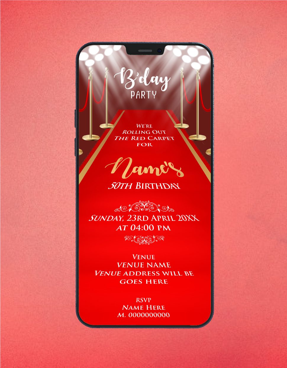 Red Carpet 50th Birthday Party Invitation | Glamorous Hollywood Theme ...