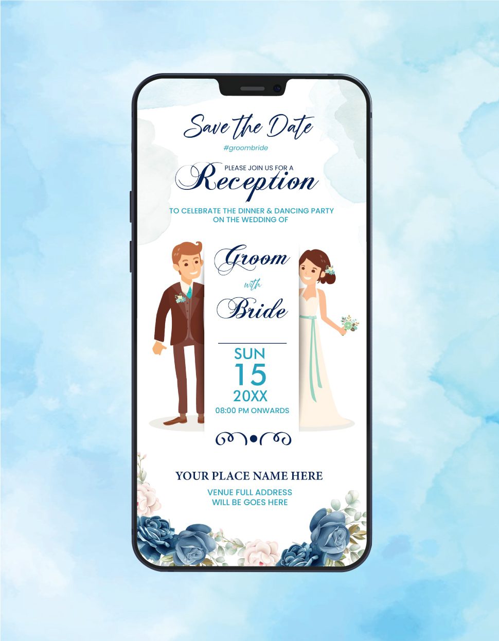 Save The Date Reception Invitation Card | Blue Floral Theme | W-406 ...