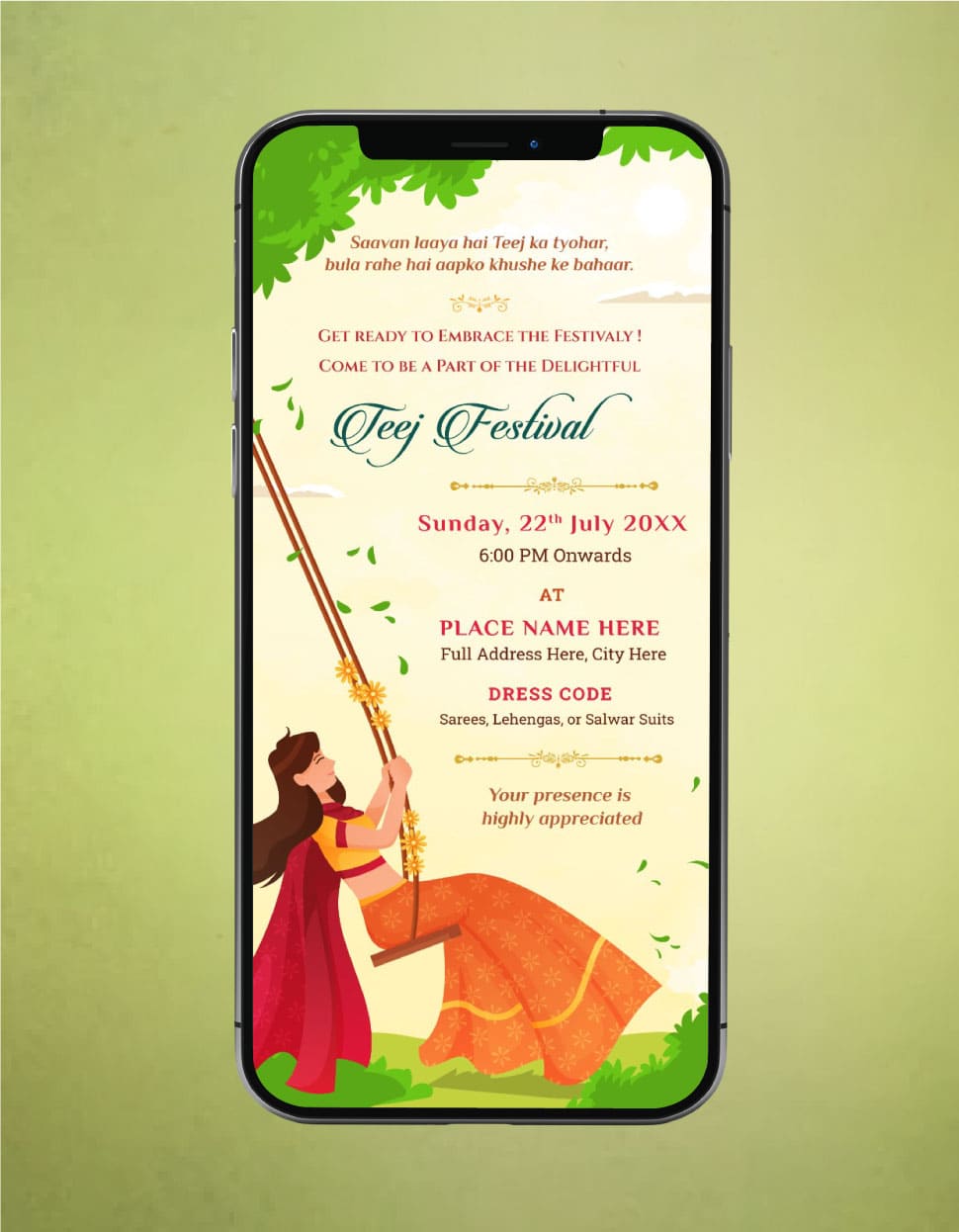 Teej Festival Invitation Card | Traditional Swing Theme | T-01 – InviteMart