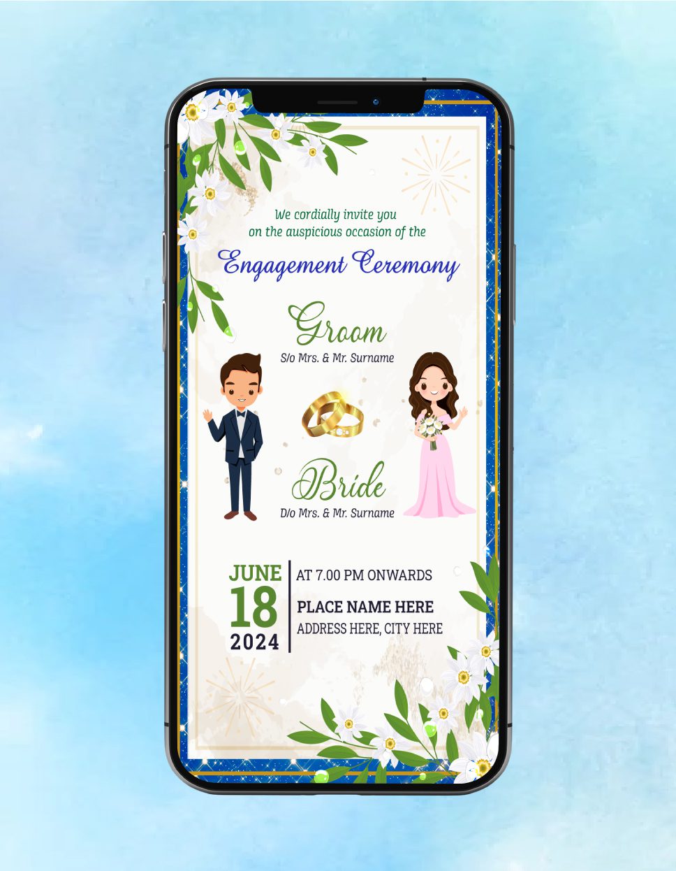 White Floral Engagement Ceremony Invitation | Cute Cartoon Couple eCar ...