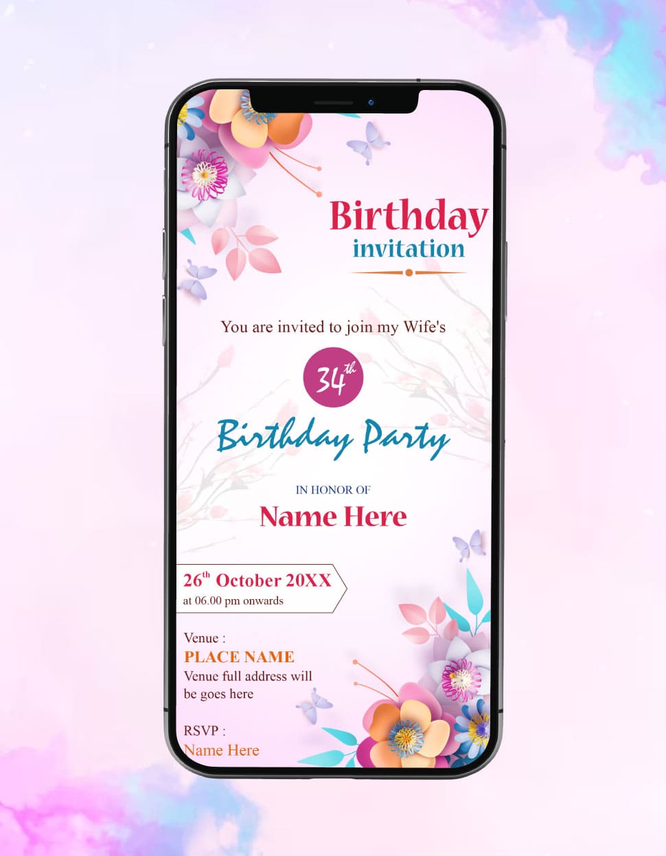 Wife Birthday Invitation Card | Elegant Floral 34th Birthday Design | – InviteMart